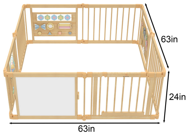Wooden Baby Playpen with Mirror & Whiteboard Panel – Foldable 63" x 63